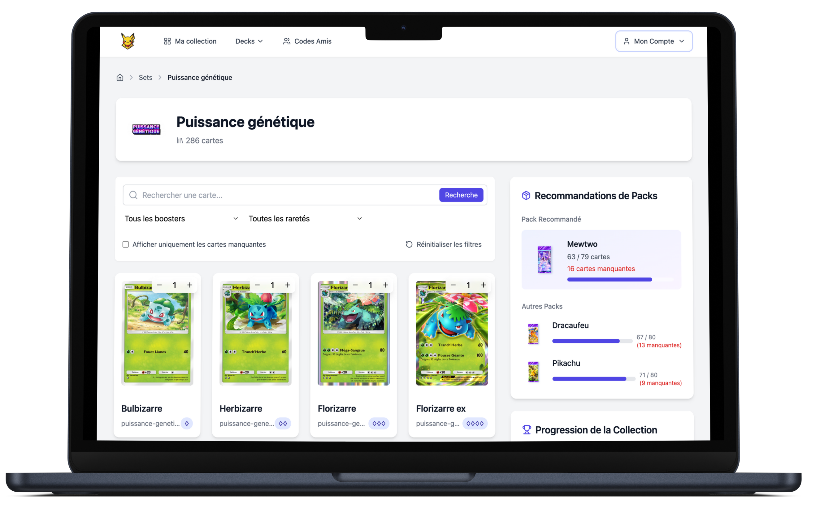 Interface de gestion de collection Pokémon TCG Pocket - Vue des cartes ...